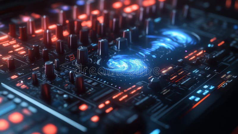 Closeup of Illuminated Music Mixer with Glowing Red and Blue Controls ...