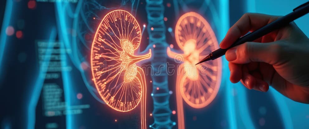 Closeup Illustration of Kidney Function with Glowing HUD Interface. a ...
