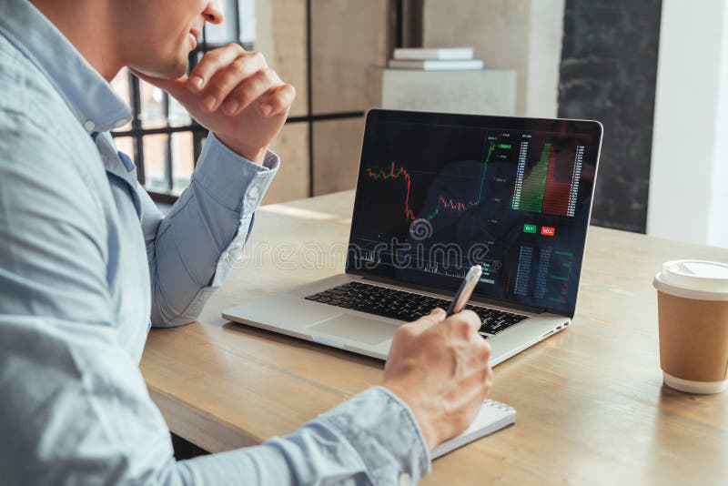 Cropped Image of Crypto Analyst in Front of Laptop with Chart, Writing ...