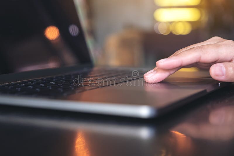 Hand Using and Touching on Laptop Touchpad on Table Stock Image - Image ...