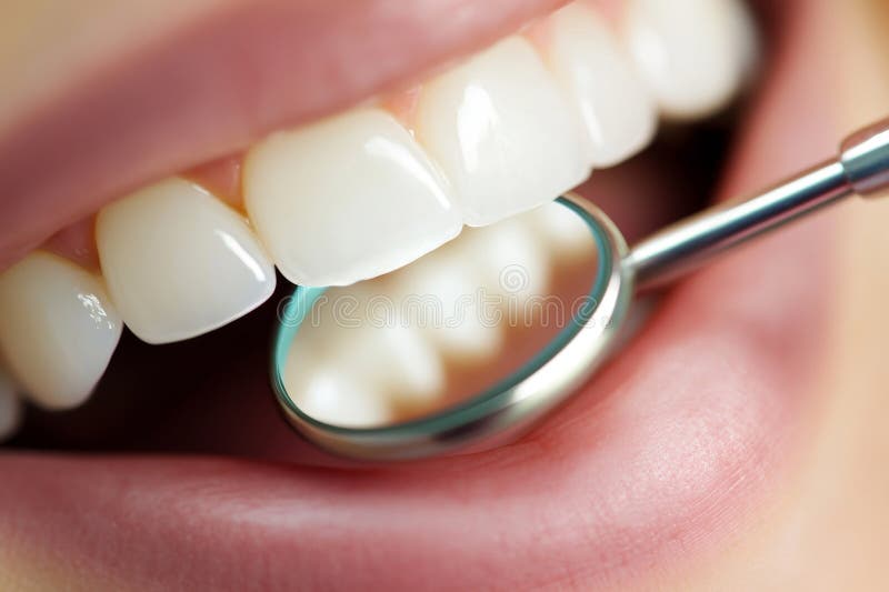 A CloseUp Image of Healthy Teeth Features a Dental Mirror Reflection ...