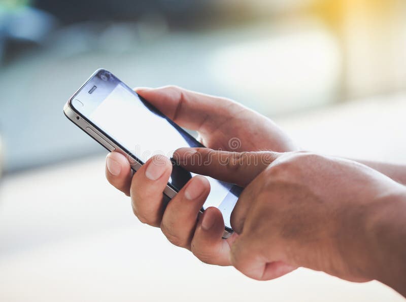 Man Hands Using a Smartphone. Stock Image - Image of point, online ...
