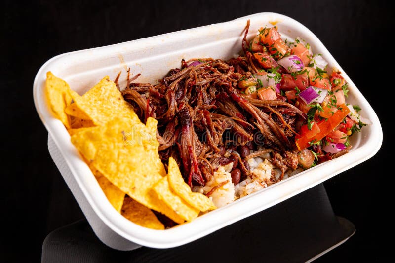 Closeup Image of a Plate with Pulled Beef, Steamed White Rice, and a ...