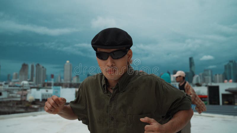 Closeup Image of Profession Hipster Dancing Break Dance at Rooftop ...