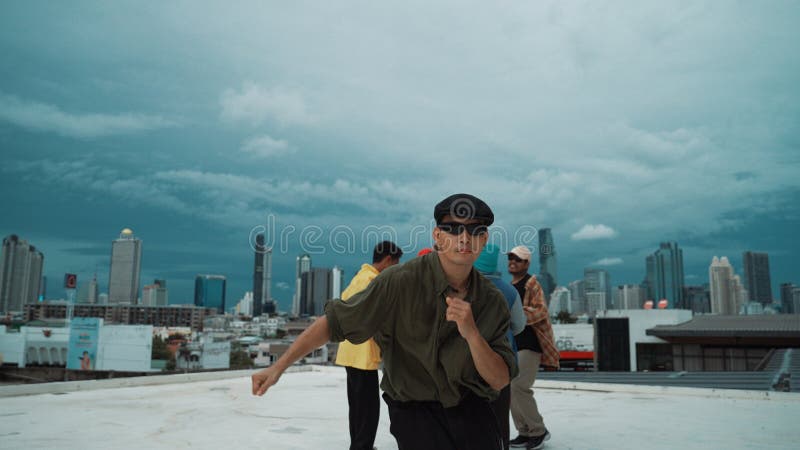Closeup Image of Profession Hipster Dancing Break Dance at Rooftop ...