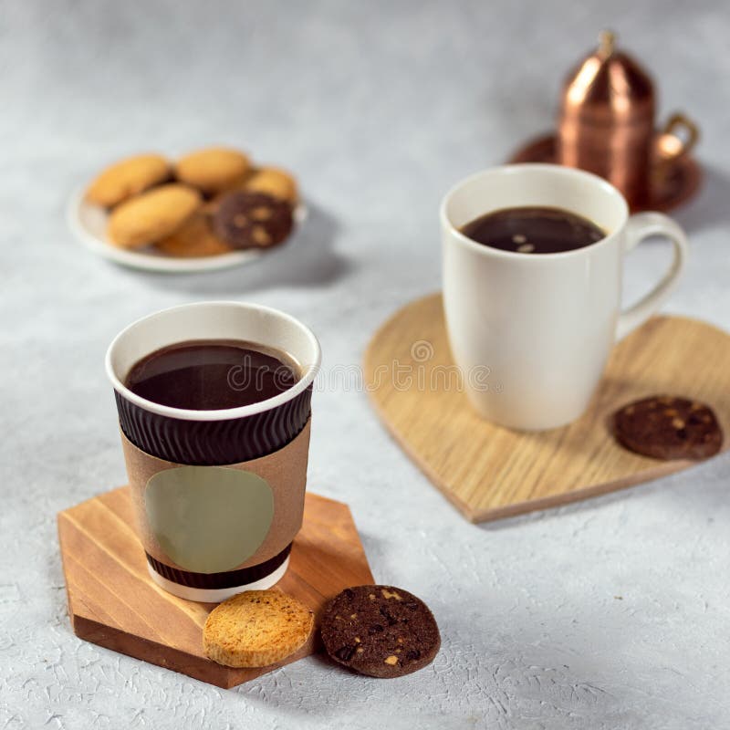 Closeup Image of Two Blue Cups of Hot Coffee and Americano Coffee Stock ...