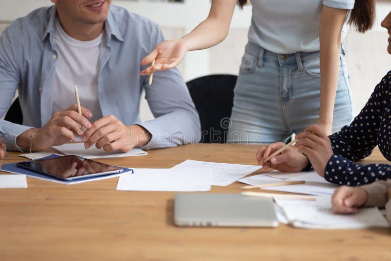 Closeup Image Unrecognizable Group of Students Do Common Task Indoors ...