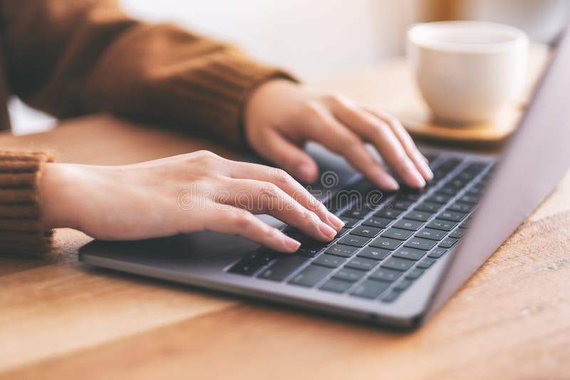 Woman`s Hands Using and Typing on Laptop Computer Keyboard Stock Photo ...
