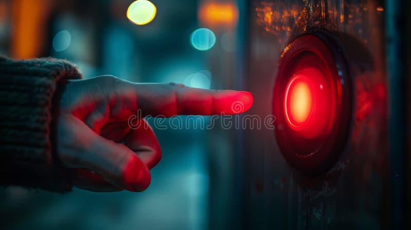 Closeup of an Index Finger Pressing a Glowing Red Button in a Dark ...