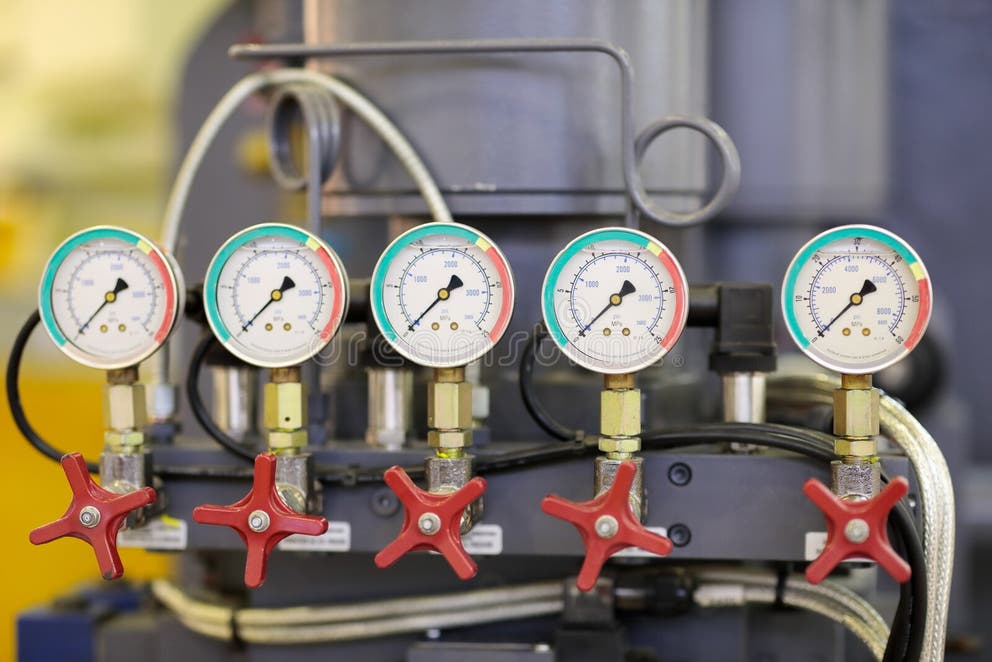 Closeup of Industrial Machine with Pressure Gauges Stock Image - Image ...