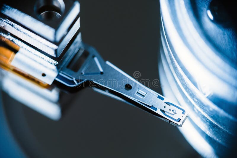 Closeup Inside the Hard Drive, Read Write Head, Platter, Spindle Stock ...