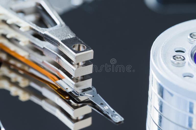 Closeup Inside the Hard Drive, Read Write Head, Platter, Spindle Stock ...