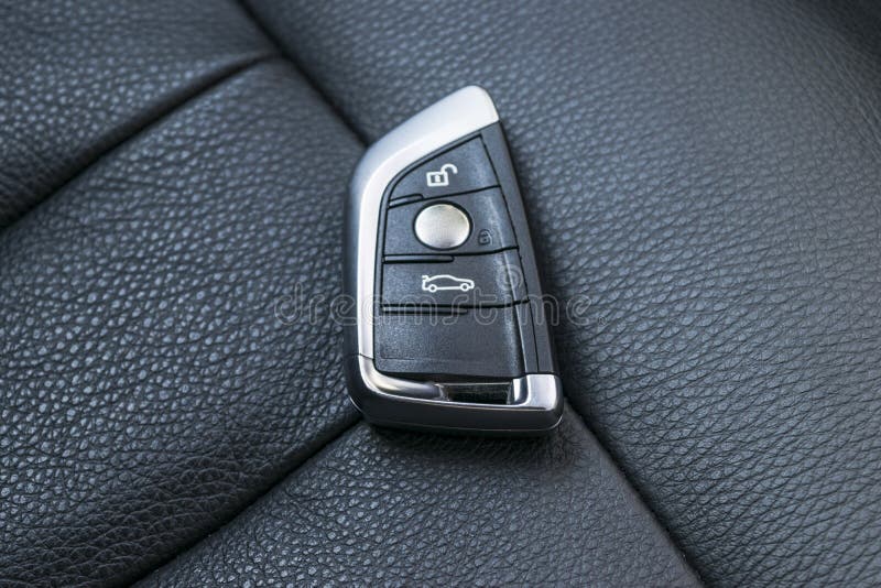Closeup Inside Vehicle of Wireless Key Ignition. Start Engine Key. Car ...