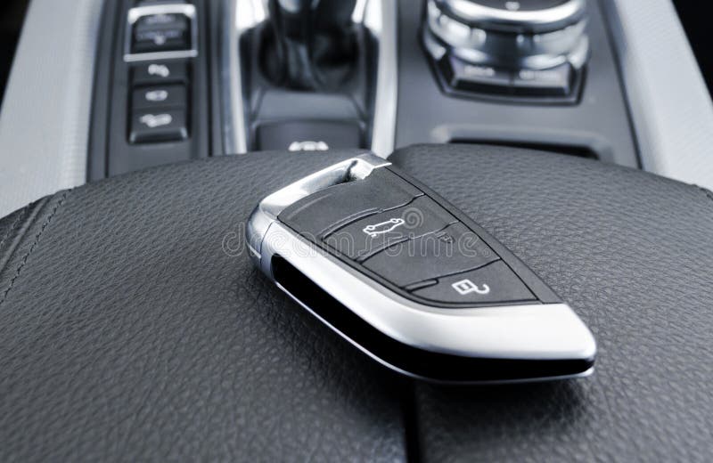 Closeup Inside Vehicle of Wireless Key Ignition. Start Engine Key. Car ...