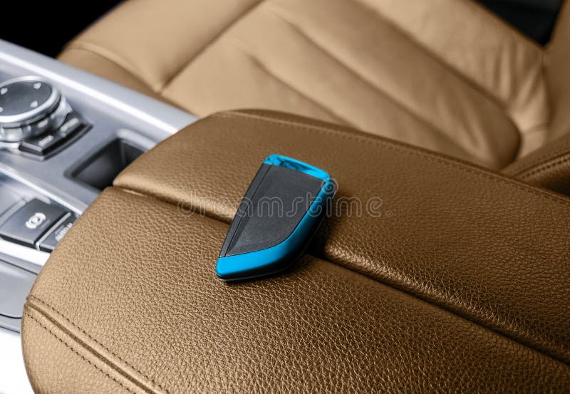 Closeup Inside Vehicle of Wireless Key Ignition. Start Engine Key. Car ...