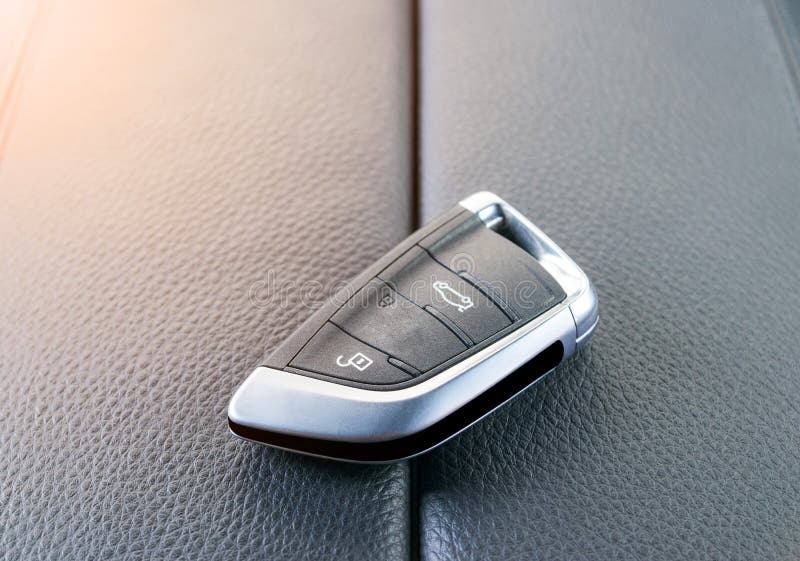 Closeup Inside Vehicle of Wireless Key Ignition. Start Engine Key. Car ...
