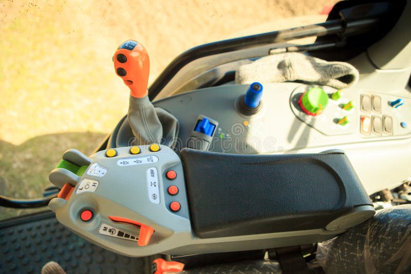 Control Handle with Buttons on Instrument Panel in Tractor Cabin Stock ...