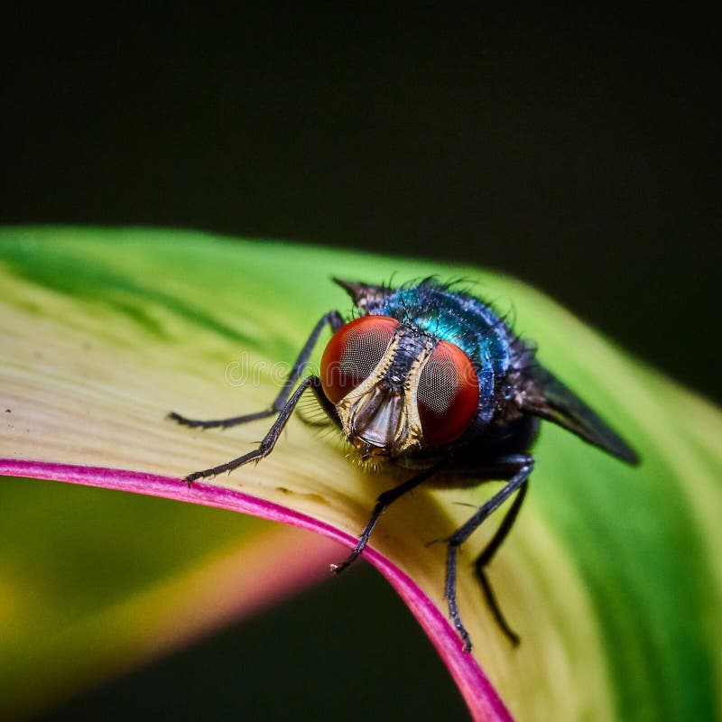 Closeup of an Iridescent Fly on a Green Leaf Stock Photo - Image of ...