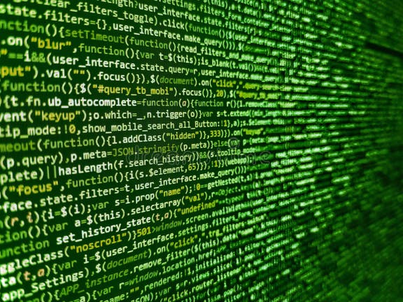 Closeup of Java Script and HTML Code. Database Bits Access Stream Visualisation. Programmer ...