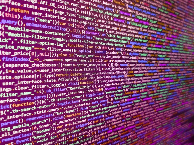 Closeup of Java Script and HTML Code. Script Procedure Creating. Binary ...