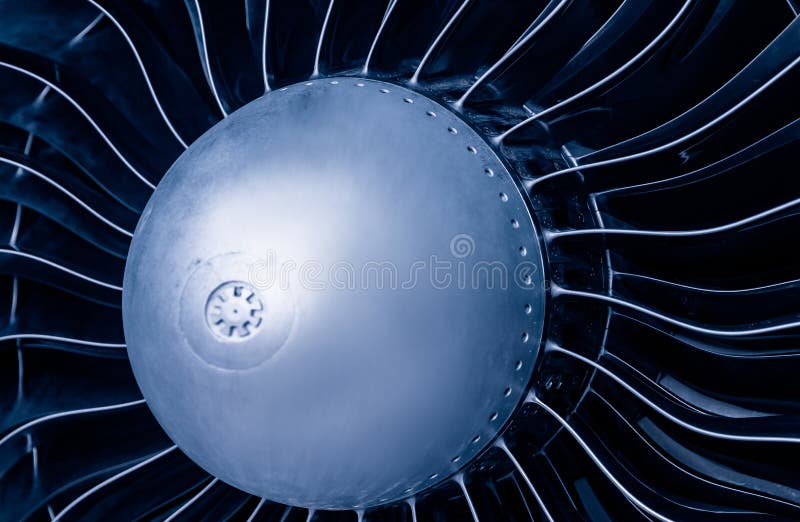 Closeup Jet Engine Blades of Airplane. Blue Color Tone Stock Photo ...