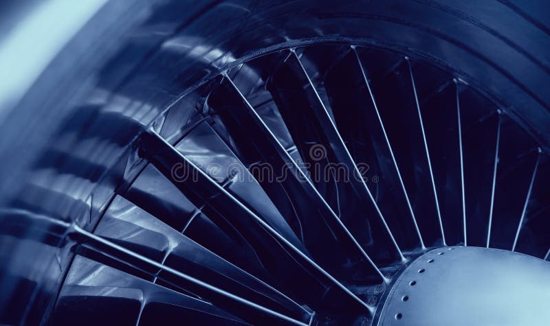 Closeup Jet Engine Blades of Airplane. Blue Color Tone Stock Photo ...