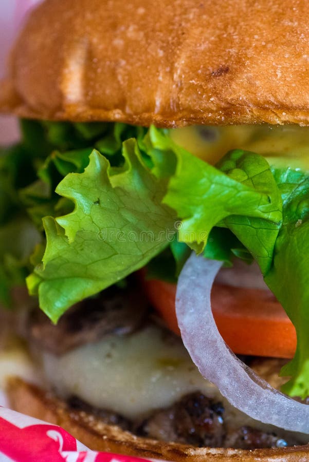 Closeup of Juicy Burger and Fixings Stock Image - Image of crisp, grill ...
