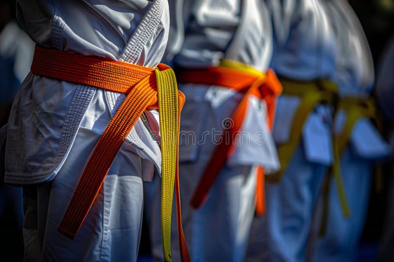 Closeup of Karate Students Wearing White Dojo Uniforms with Yellow and ...