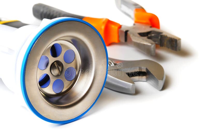 Kitchen Drain Assembly and Plumbing Tools on White Background Stock ...