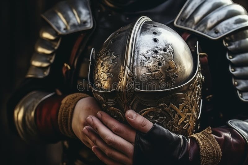 Closeup Knight Helmet in Hand of Medieval Warrior. Generative AI Stock ...