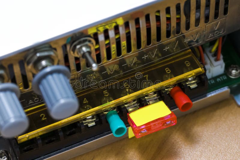Closeup of Laboratory Power Supply Terminals with Contacts and Switches ...