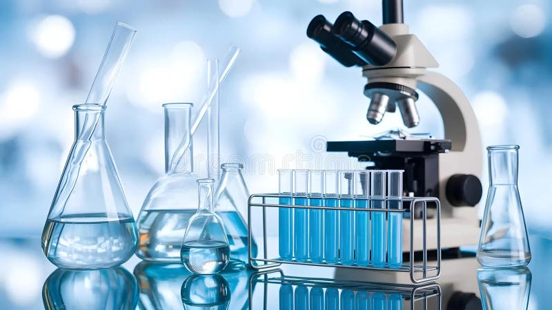 A Closeup of a Laboratory Setting with a Microscope, Beakers, Flasks ...