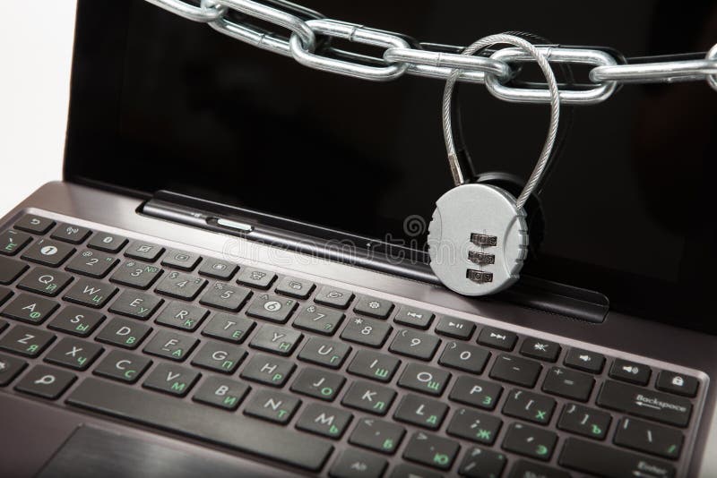 Laptop with Chains and Lock Isolated on White Background. Information ...