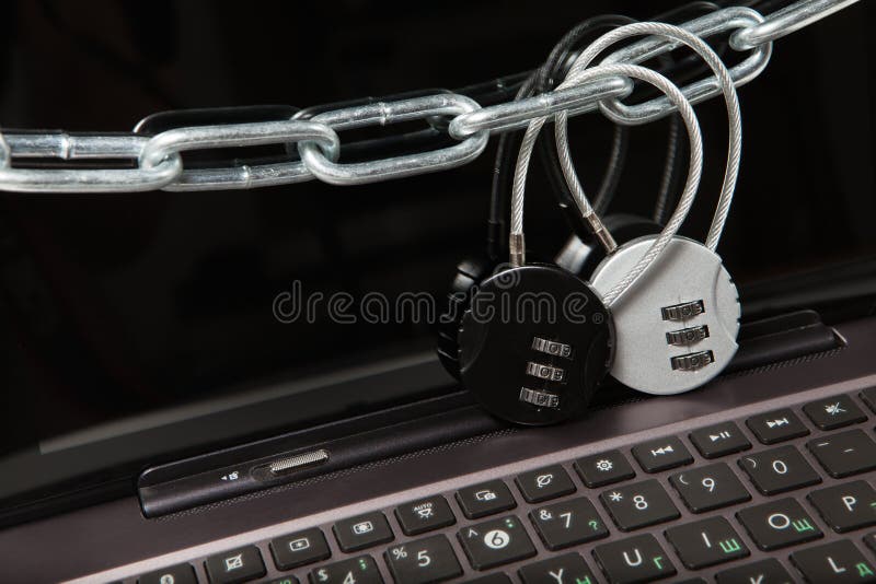 Closeup of Laptop with Chains and Locks. Information Security Concept ...