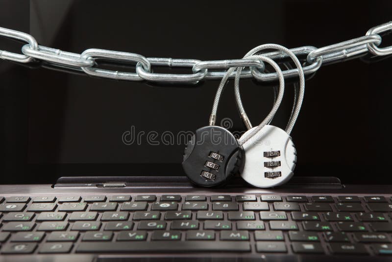 Closeup of Laptop with Chains and Locks. Information Security Concept ...