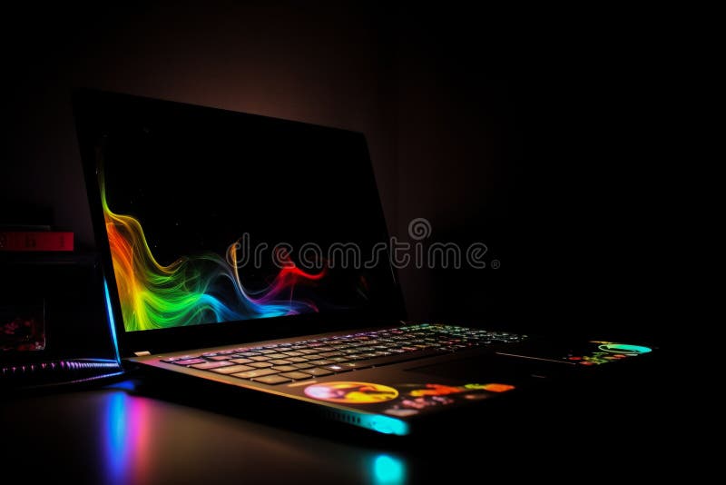Closeup of a Laptop with Colorful Lights on a Dark Background ...
