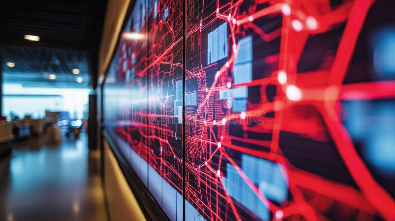 Closeup on a Large Digital Screen Displaying a Map with Red Lines ...