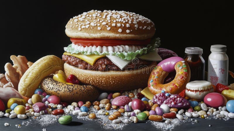 Closeup of a Large Hamburger with Assorted Sweets and Candies Stock ...