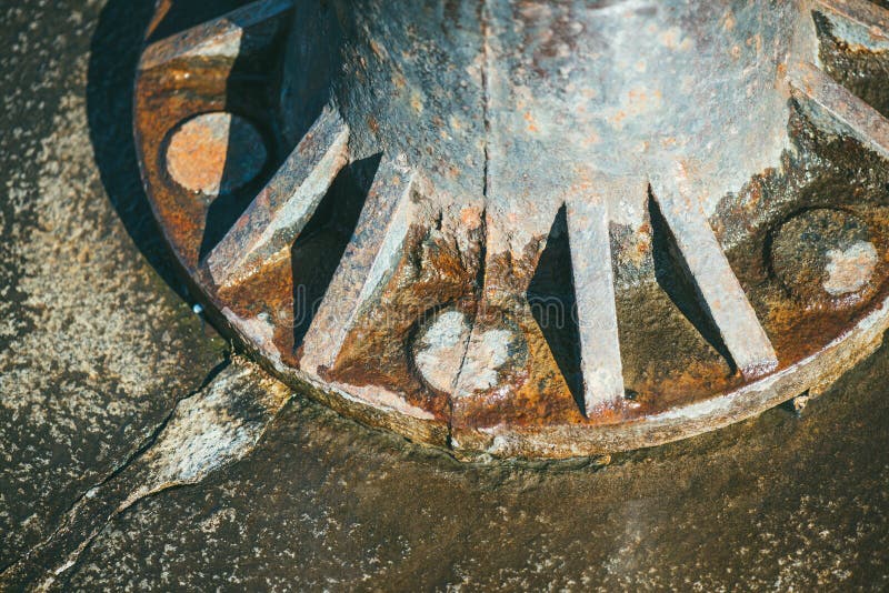 Closeup of a Large Old Rusty Pipe Bolted To a Horizontal Surface Stock ...