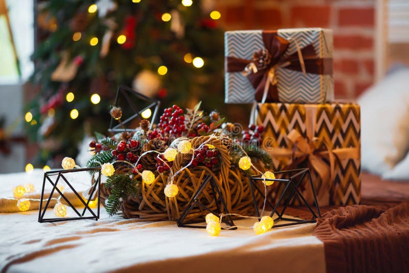 Stack of Wrapped Presents on Table Stock Photo - Image of gifts ...