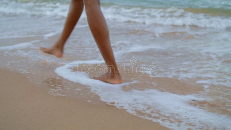 Closeup Legs Walking Ocean Beach Slim Woman Feet Going Splashing Waves