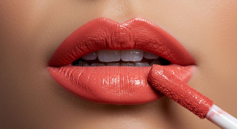 Closeup Lip Application with Orange Lipstick Stock Illustration ...