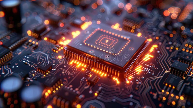 Closeup of a Lit Up Microchip on a Circuit Board Stock Image - Image of ...