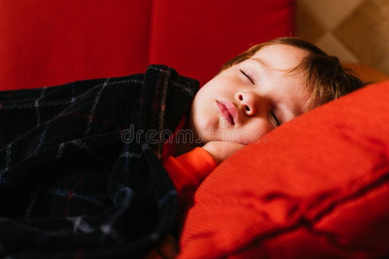 Closeup of a Little Caucasian Boy Sleeping on a Red Sofa Stock Image ...