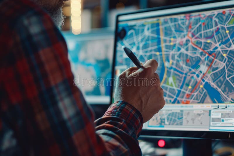 Closeup of a Logistics Planner Using a Computer Screen To Optimize ...