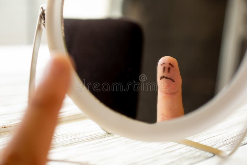 Sad Face Finger Looking into Mirror Stock Photo - Image of metaphor ...