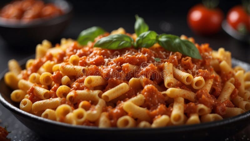 Closeup Macaroni Pasta with Tomato Sauce on the Dark Table, Top View ...