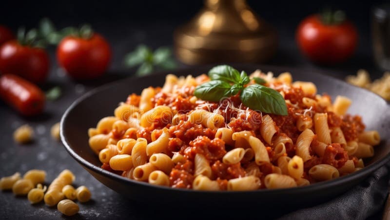 Closeup Macaroni Pasta with Tomato Sauce on the Dark Table, Top View ...