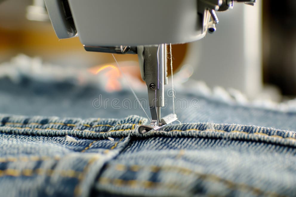 Closeup of Machine Sewing Denim Hem Stock Image - Image of hemming ...