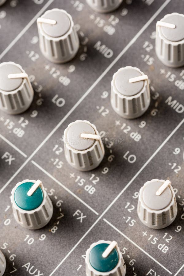 Closeup Macro Audio Mixing Console Knobs and Sliders. Stock Photo ...